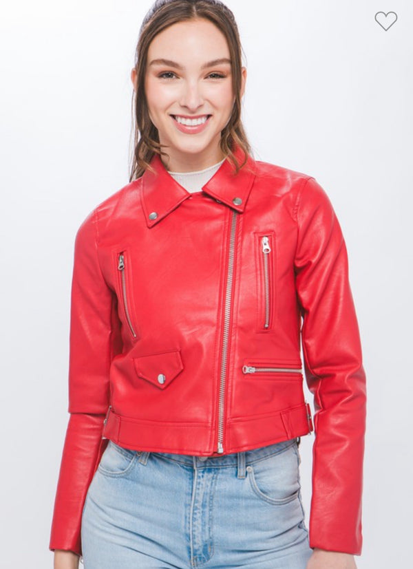 Juniors' Moto Faux Leather Jacket - Red - Uplift Glam